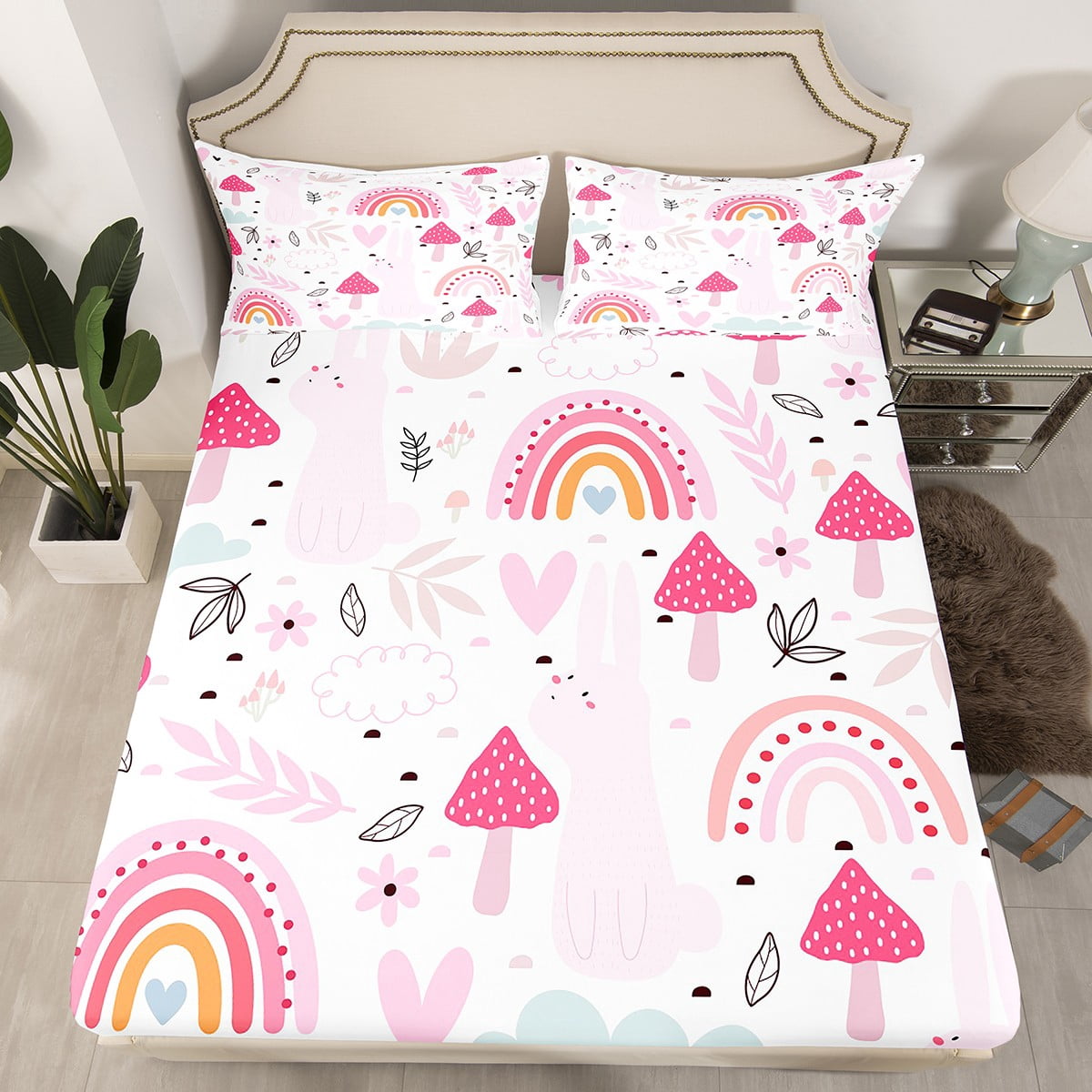 Erosebridal 3 Piece Boho Rainbow Bed Sheets Cute Rabbit Fitted Sheet ...