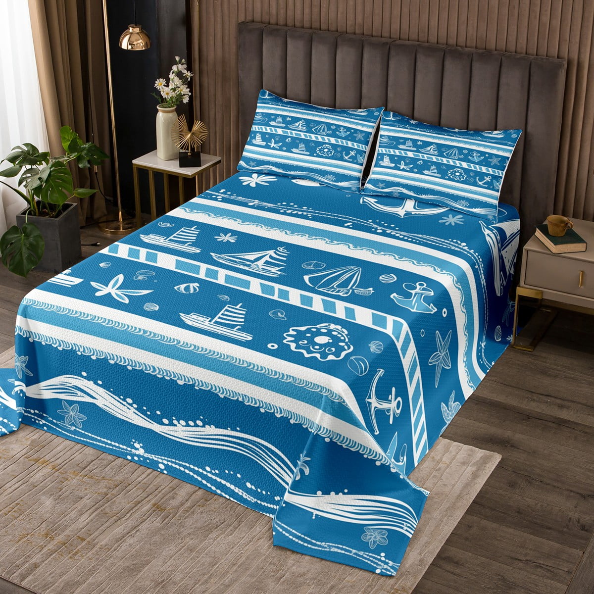 YST 3 Piece Coverlet Set Queen Size Ocean Theme, Nautical Coastal Beach ...