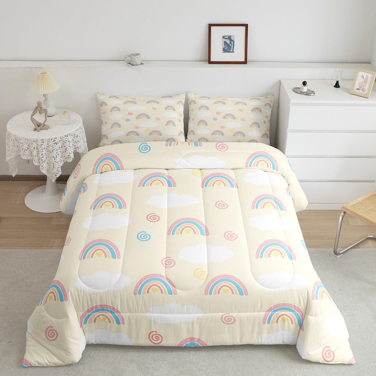 YST 3 Piece Rainbow Comforter Set Cartoon Rainbow Clouds Bedding Set ...