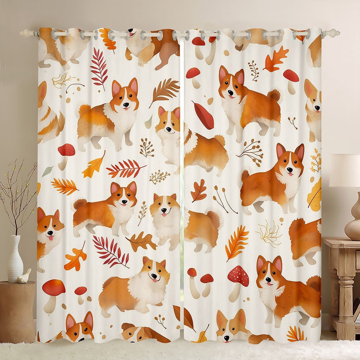 38"Wx45"L 2 Panels Cartoon Dog Curtains Cute Corgi Puppy Curtains ...