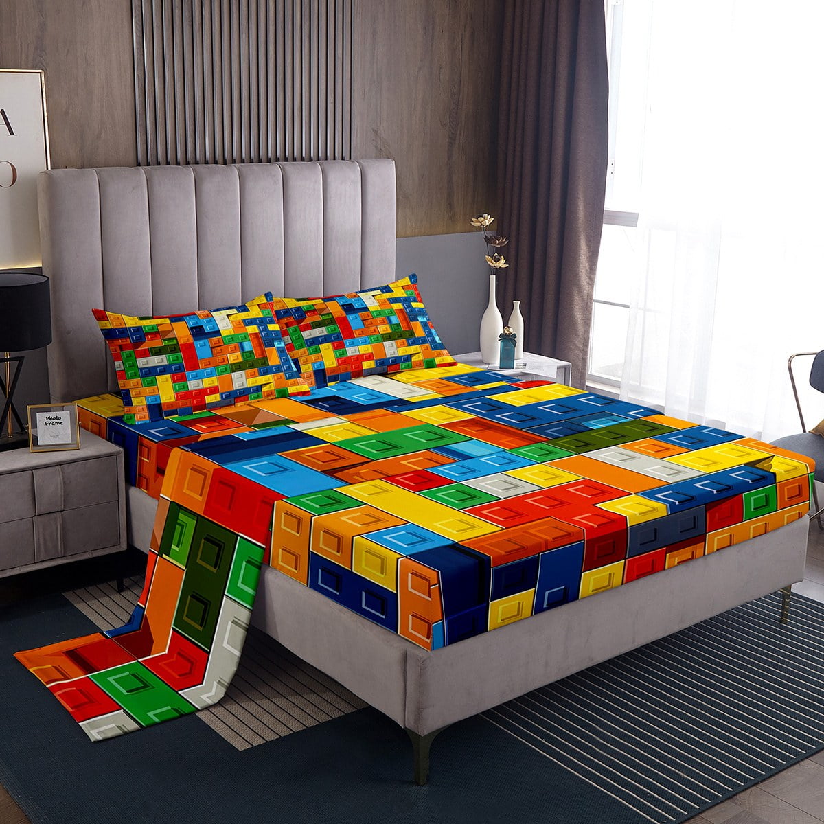 3D Brick Bed Sheets Set Full, Colorful Construction Sheet Set , Rainbow ...
