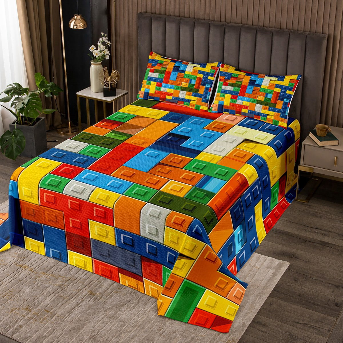 Erosebridal 3D Brick Quilt Set King, Colorful Construction Bedspread ...
