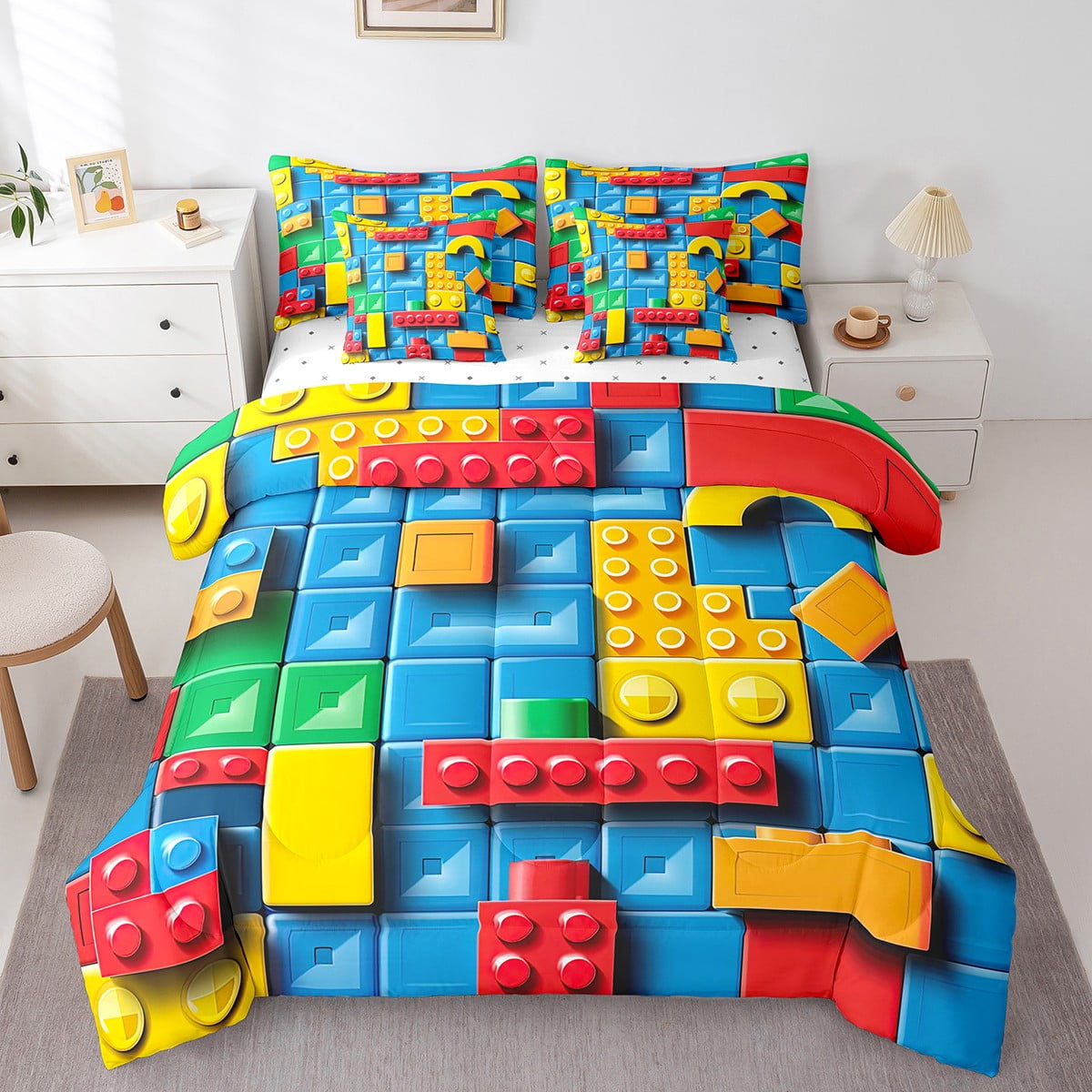 YST 3D Building Blocks 7 Pcs Comforter Set Queen, Colorful Construction ...