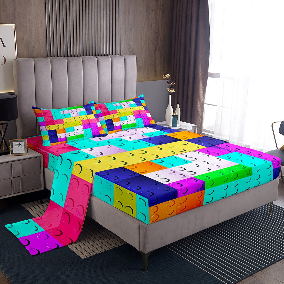 YST 3D Building Blocks Bed Sheets Set Full, Colorful Construction Sheet ...