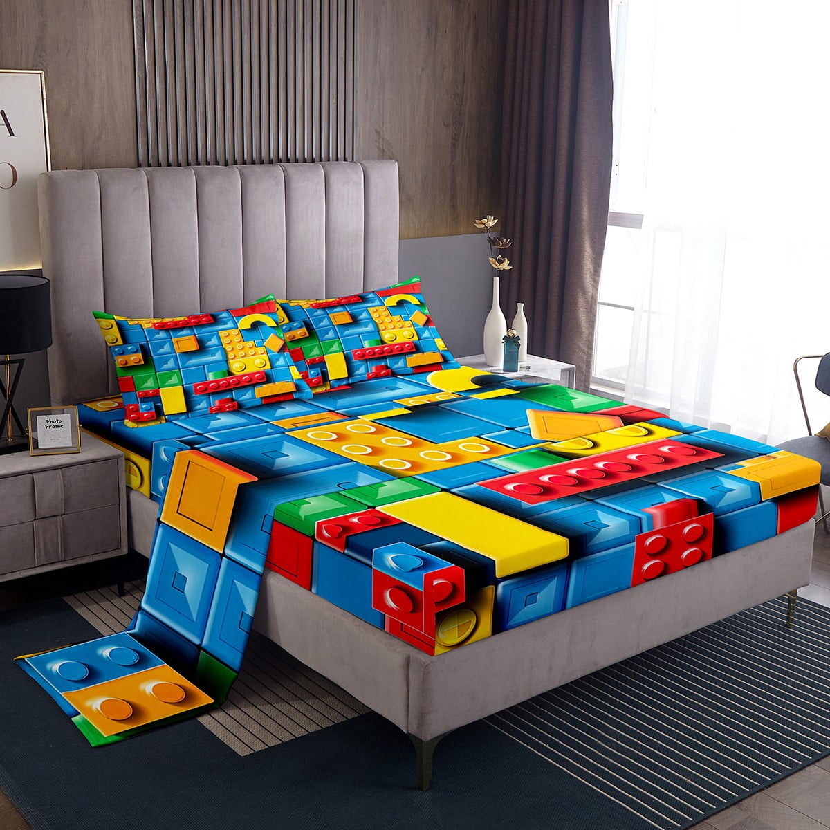 YST 3D Building Blocks Bed Sheets Set King, Colorful Construction Sheet ...