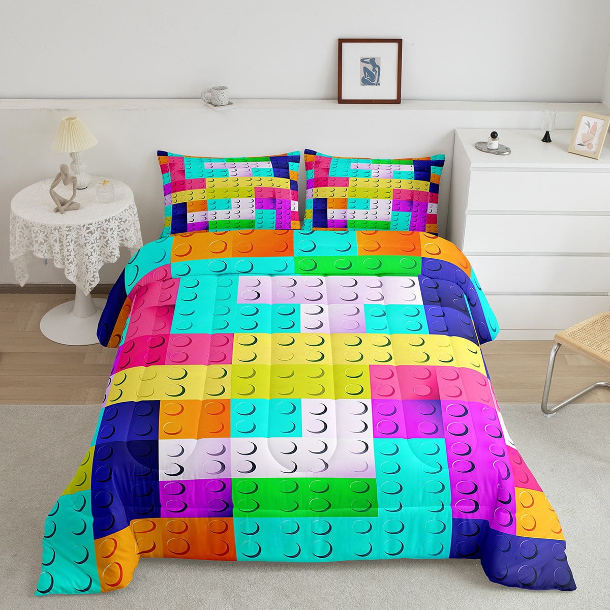 3D Building Blocks Comforter Set Twin, Colorful Construction Bedding ...