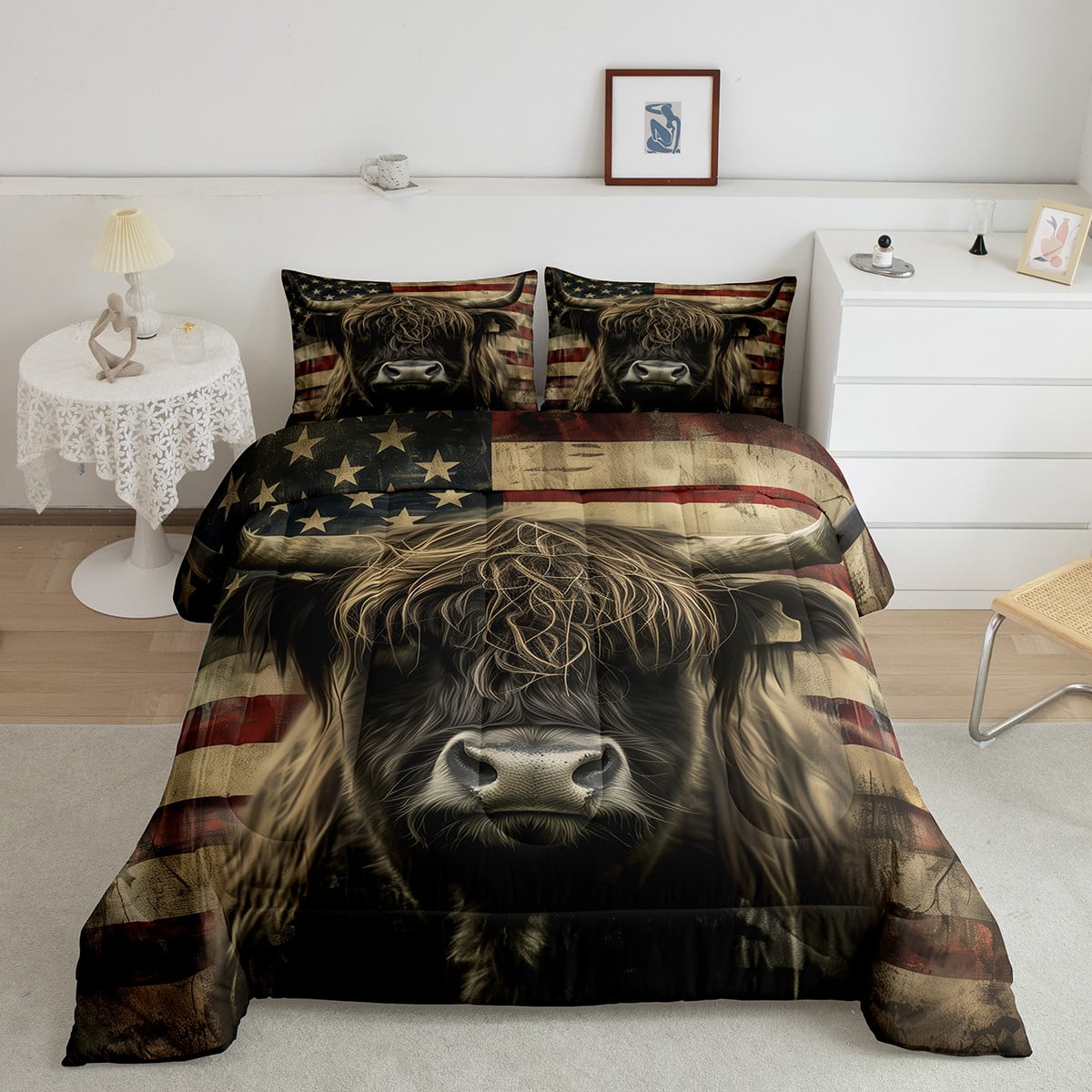 YST 3D Bull Bedding Set Twin Highland Cow Printed Comforter Set,Rustic American Flag Duvet ...