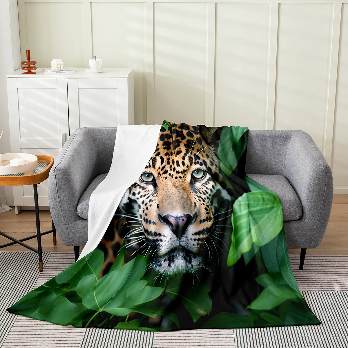 3D Cheetah Blanket Leopard Print Throw Blanket Green Leaf Plant Fleece ...