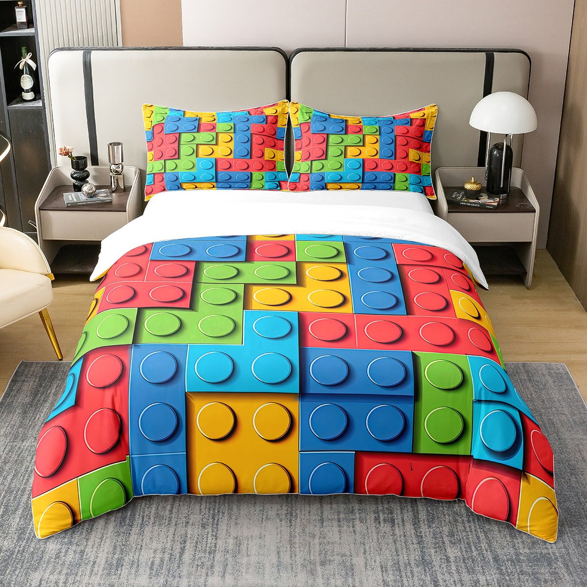 Erosebridal 3D Construction 100% Cotton Duvet Cover Twin, Building Blocks Bedding Set, Rainbow ...