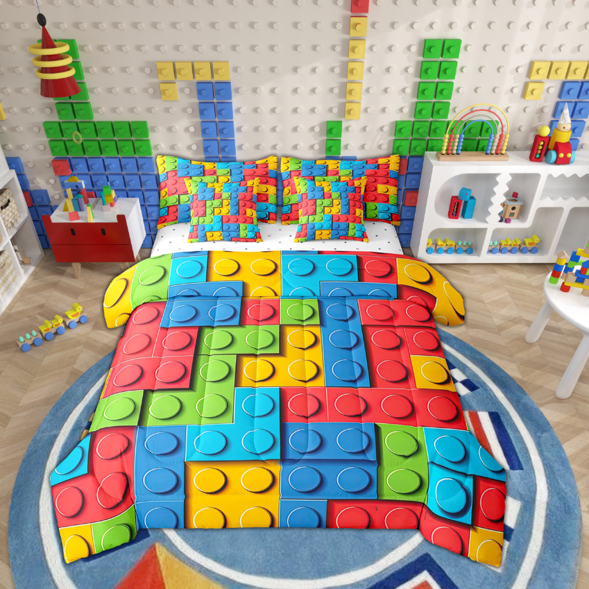 3D Construction 7 Pcs Comforter Set King, Building Blocks Bedding , Rainbow Colorful Toy Brick ...