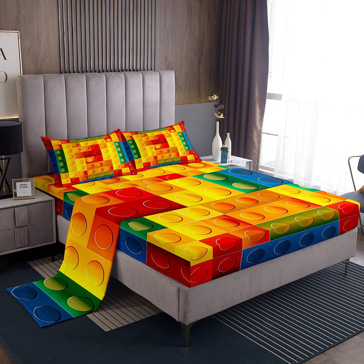 Erosebridal 3D Construction Bed Sheets Set Queen, Building Blocks Sheet ...
