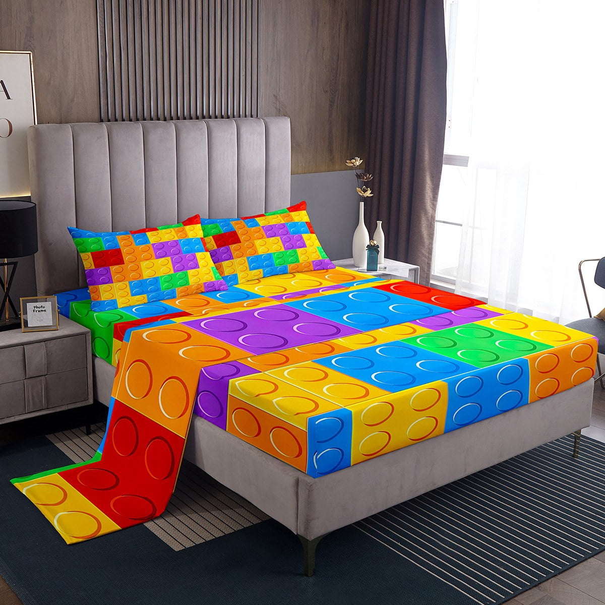 Erosebridal 3D Construction Bed Sheets Set Queen, Building Blocks Sheet ...