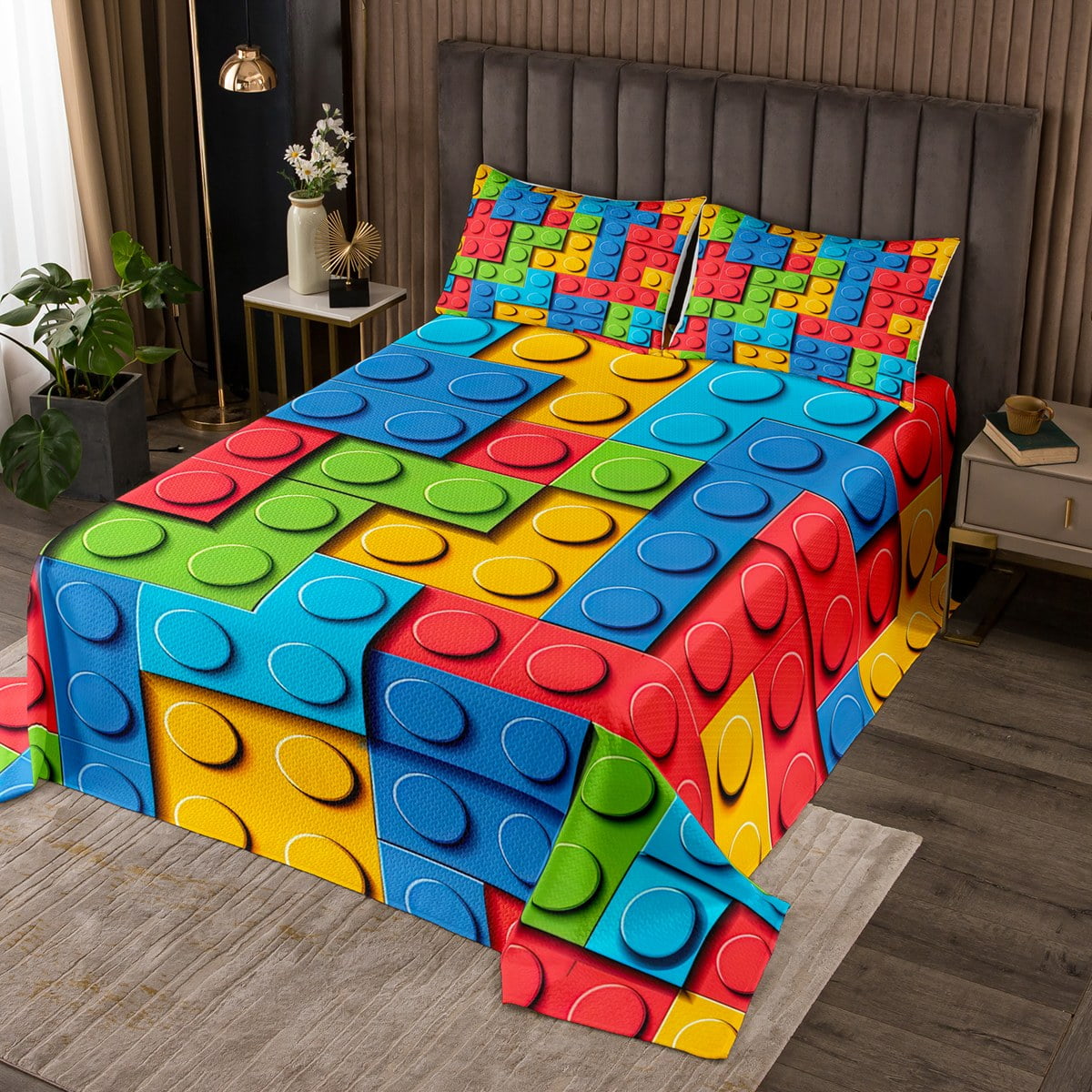 3D Construction Quilt Set Twin, Building Blocks Bedspread Set , Rainbow ...