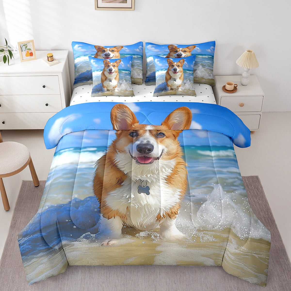 3D Corgi 7 Piece Comforter Set Queen Bed In A Bag Kawaii Dog Pet ...