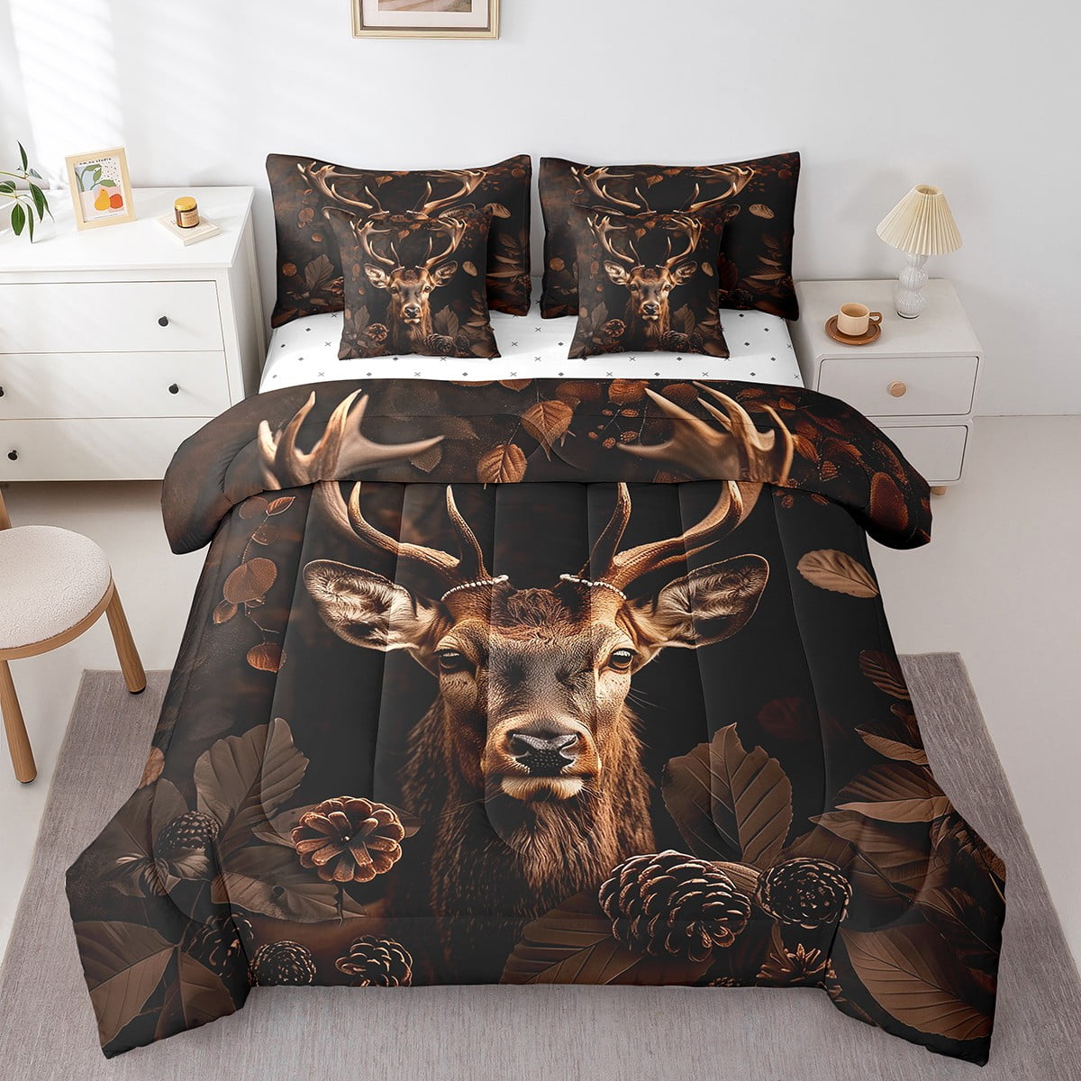 YST 3D Deer Bed in a Bag 7-Piece Safari Moose Twin Size Comforter Set ...