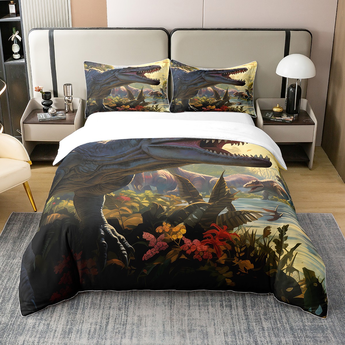 3D Dinosaur 100% Cotton Duvet Cover King Size Teens Jungle Dinosaur Bedding Set Tropical Animal ...