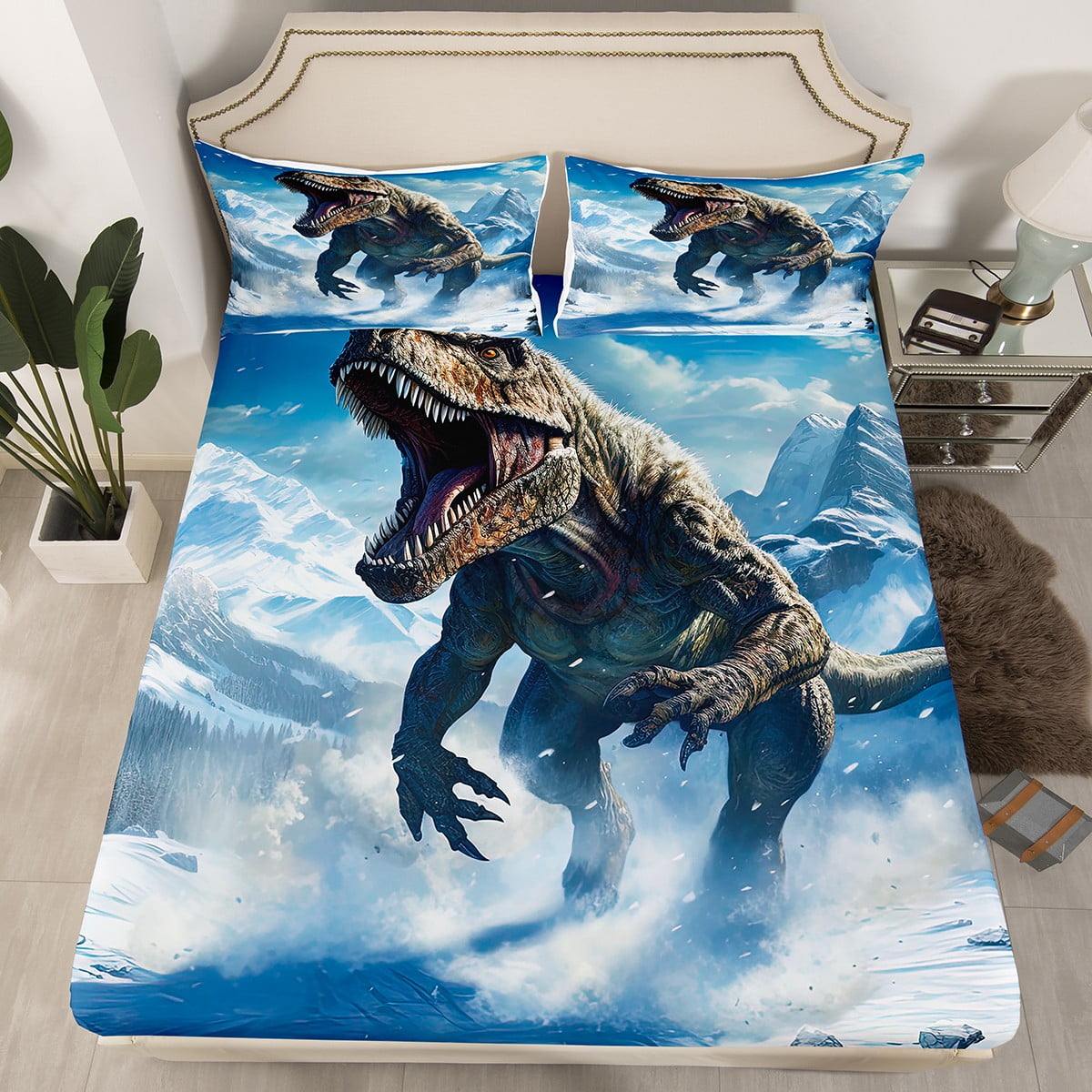 YST 3D Dinosaur Bedding Set for Girls Boys Kids,Cute Dino Fitted Sheet Queen Dinosaur Room Decor ...