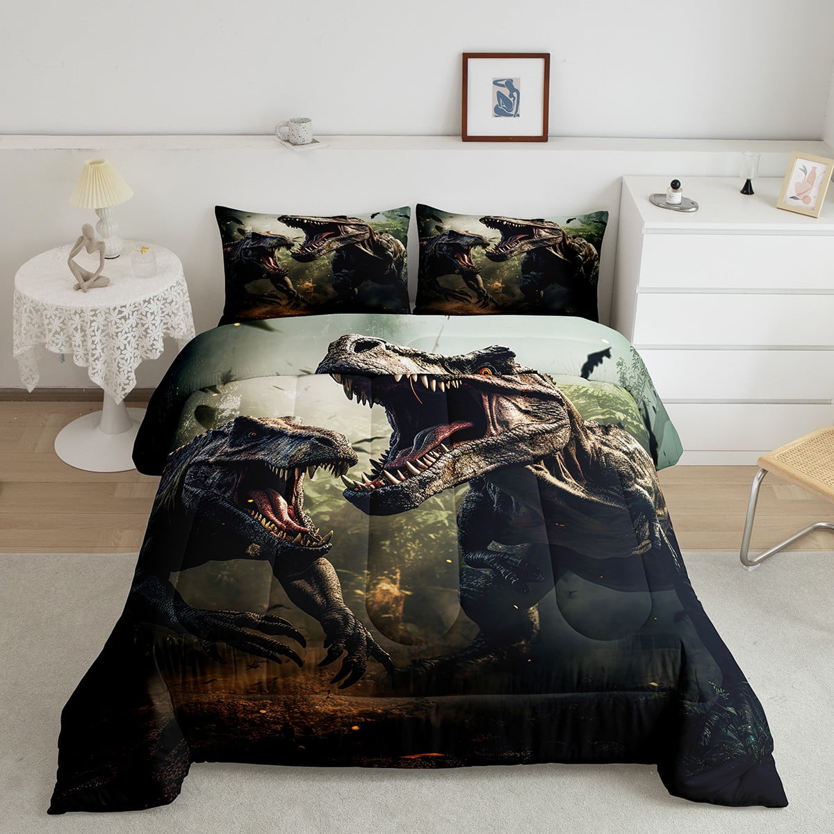 YST 3D Dinosaur Comforter Set Queen for Boys Girls Kids,Jungle Animal Bedding Set Dinosaurs Room ...