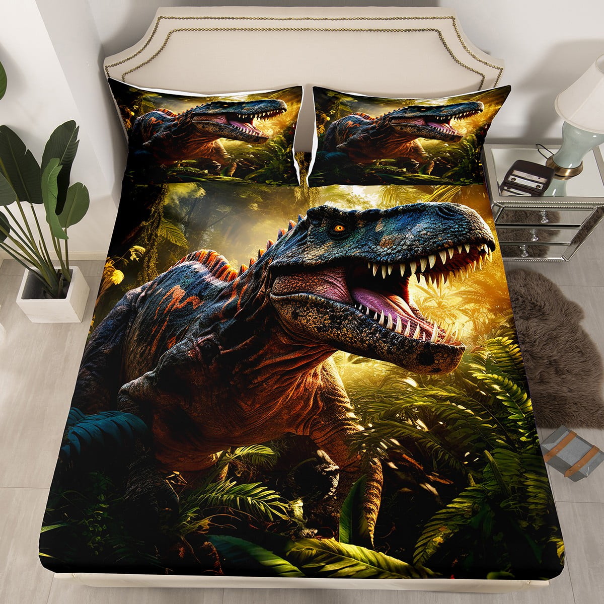 YST 3D Dinosaur Fitted Sheet Full for Girls Boys Kids,Animal Jungle Bedding Set Dinosaur Room ...