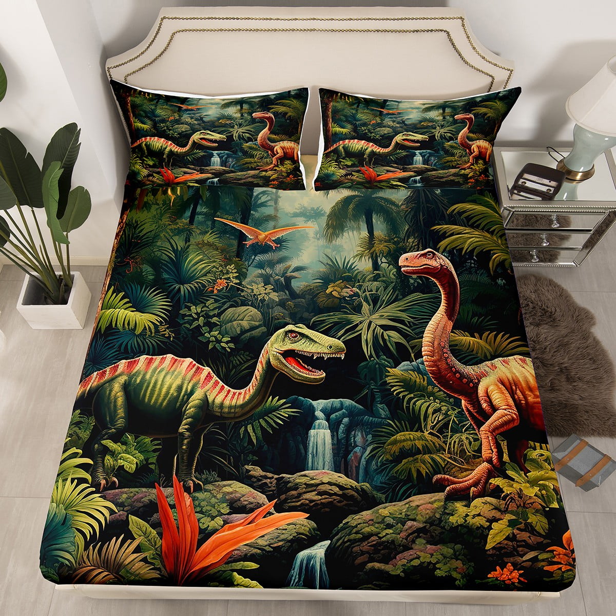Erosebridal 3D Dinosaur Fitted Sheet Twin Size,Jungle Animal Bedding Set Dinosaur Room Decor ...