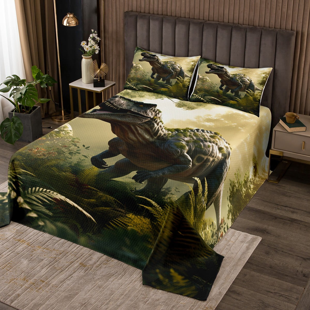 3D Dinosaur Quilt Set ,Wild Safari Jungle Animals Bedspread Set Queen Dinosaur Bedroom Decor ...