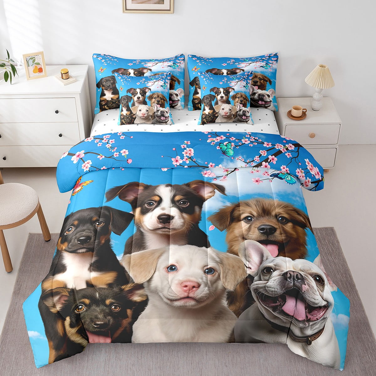 3D Dog Pug Bedding Comforter Sets 7 Pieces Pink Cherry Blossoms Bed in ...