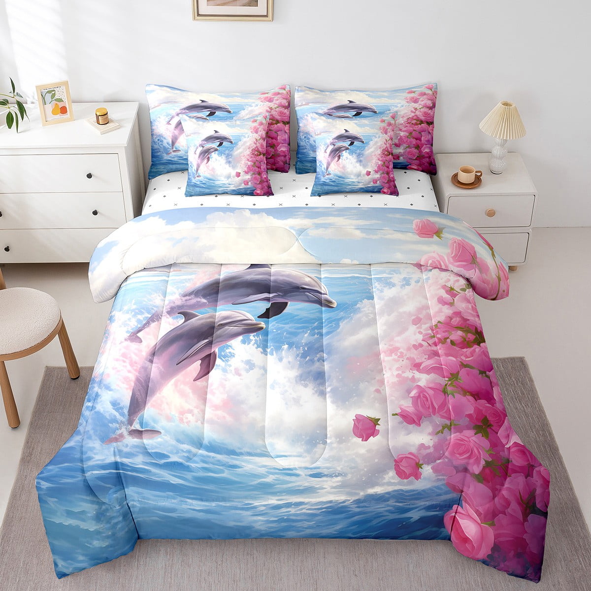 YST 3D Dolphin Bedding Twin Size 7pcs Pink Flower Comforter Set, Ocean ...