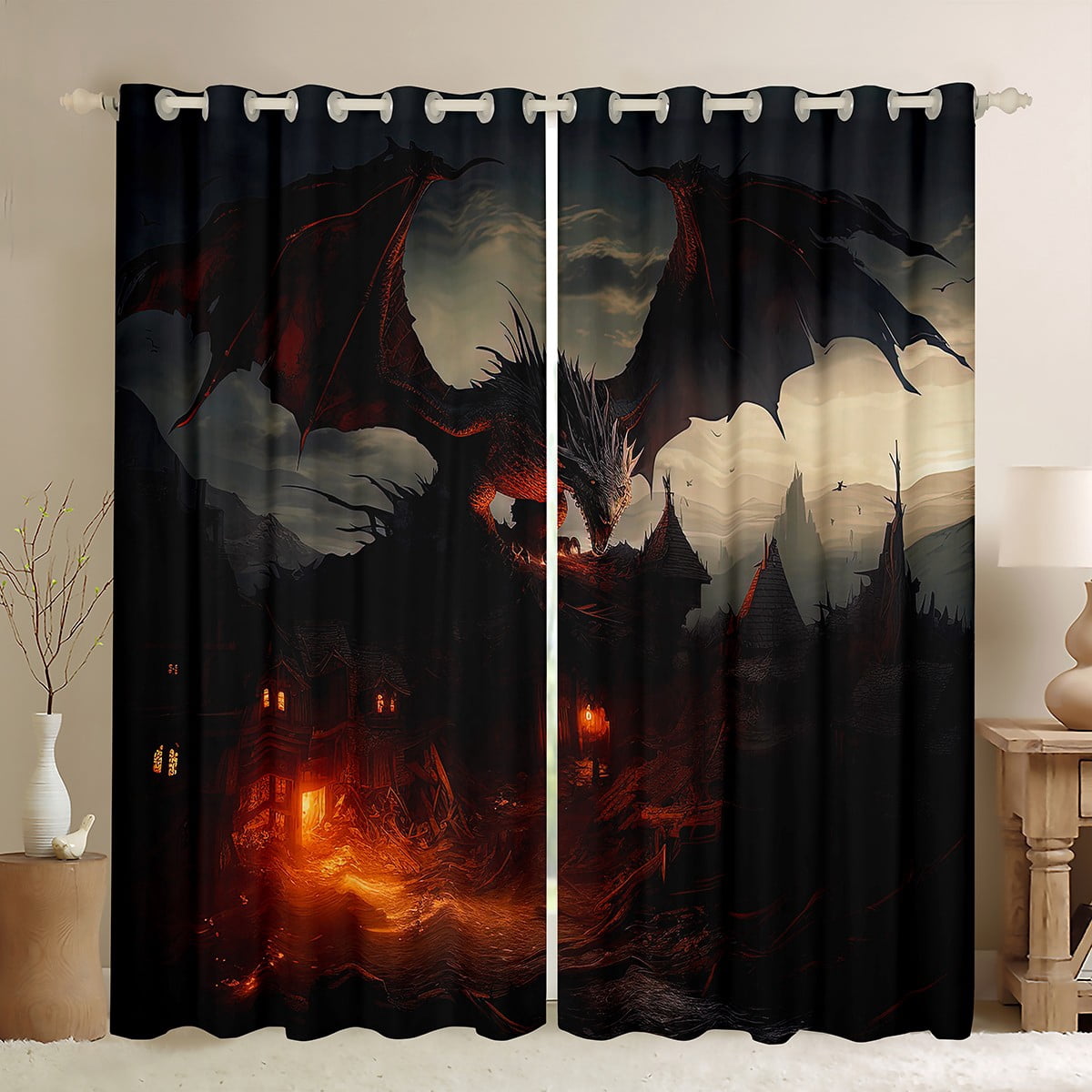 Erosebridal 3D Dragon 30%-50% Blackout Curtains Fire Wild Animal Print ...