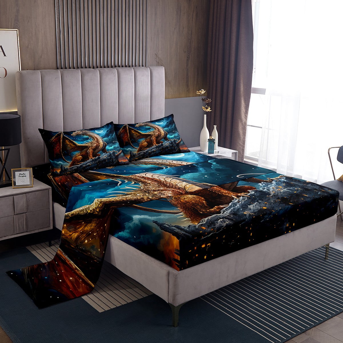 Erosebridal 3D Dragon Bed Sheets King,Blue Moon Nebula Galaxy Sheet Set ...