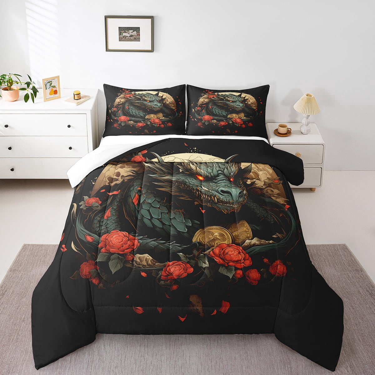 3D Dragon Comforter Set Twin Red Rose Floral Bedding Set,Boho Moon ...