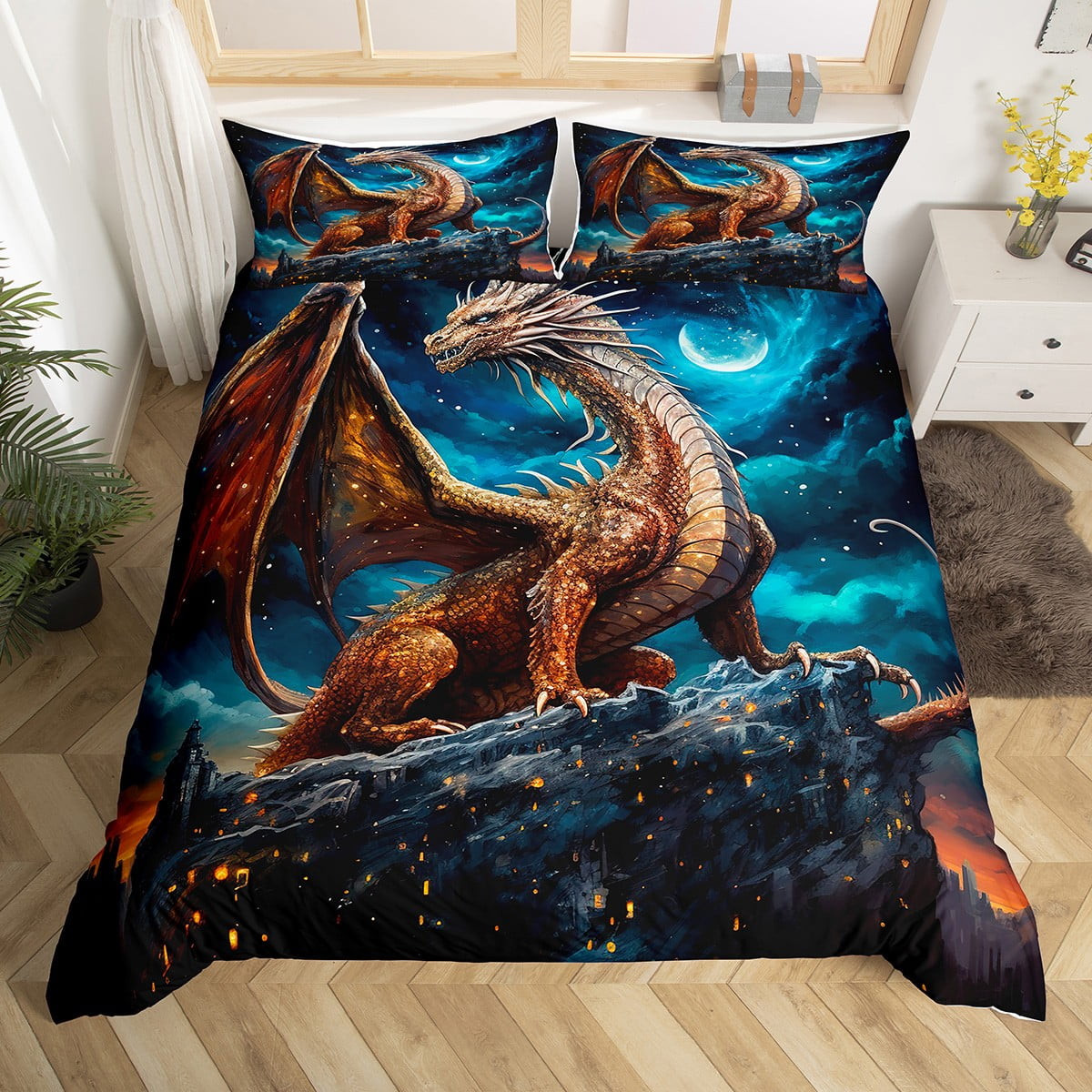 Erosebridal 3D Dragon Duvet Cover Queen,Blue Moon Nebula Galaxy Bedding ...