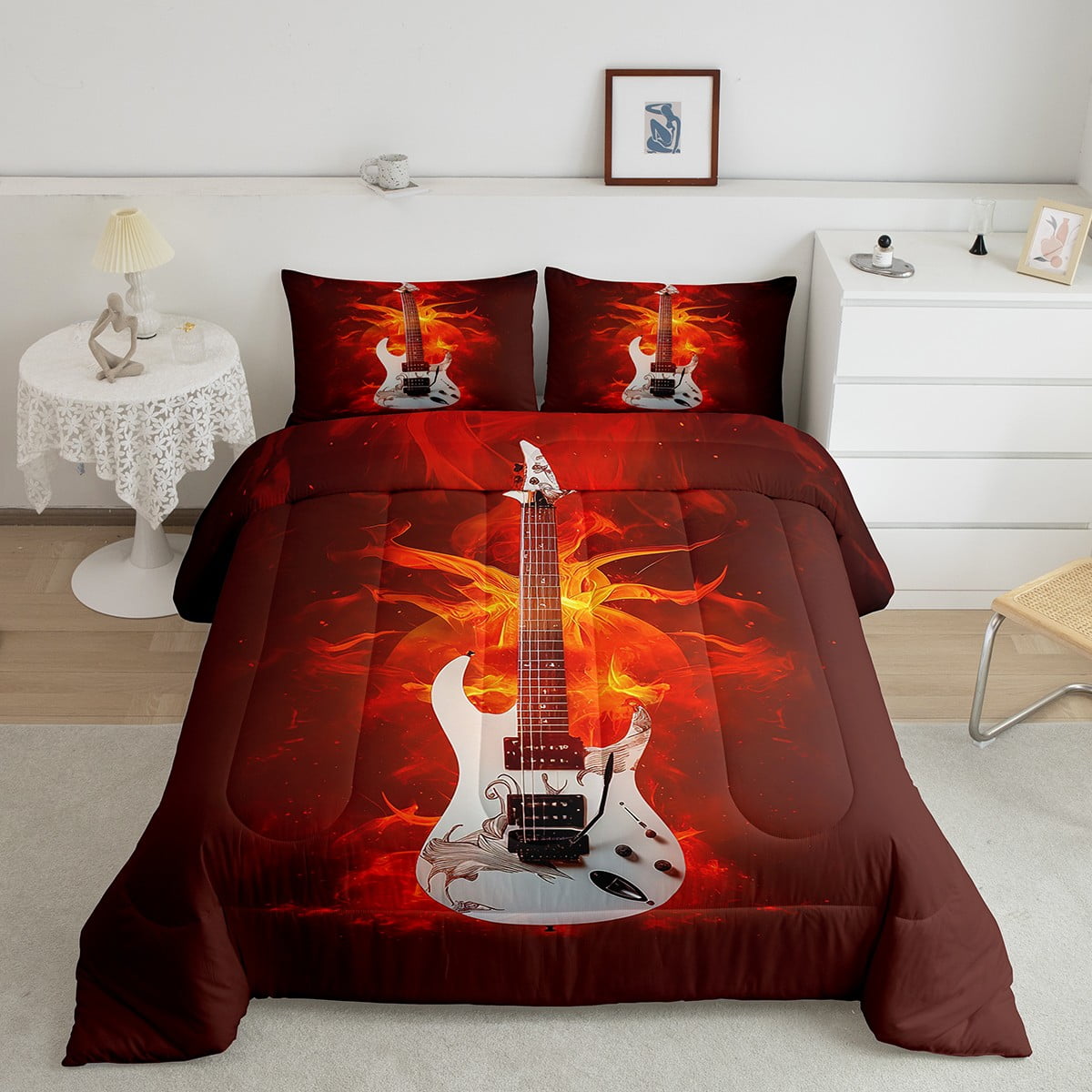 YST 3D Electric Guitar Comforter Set Full White Rock Guitar Bedding For ...