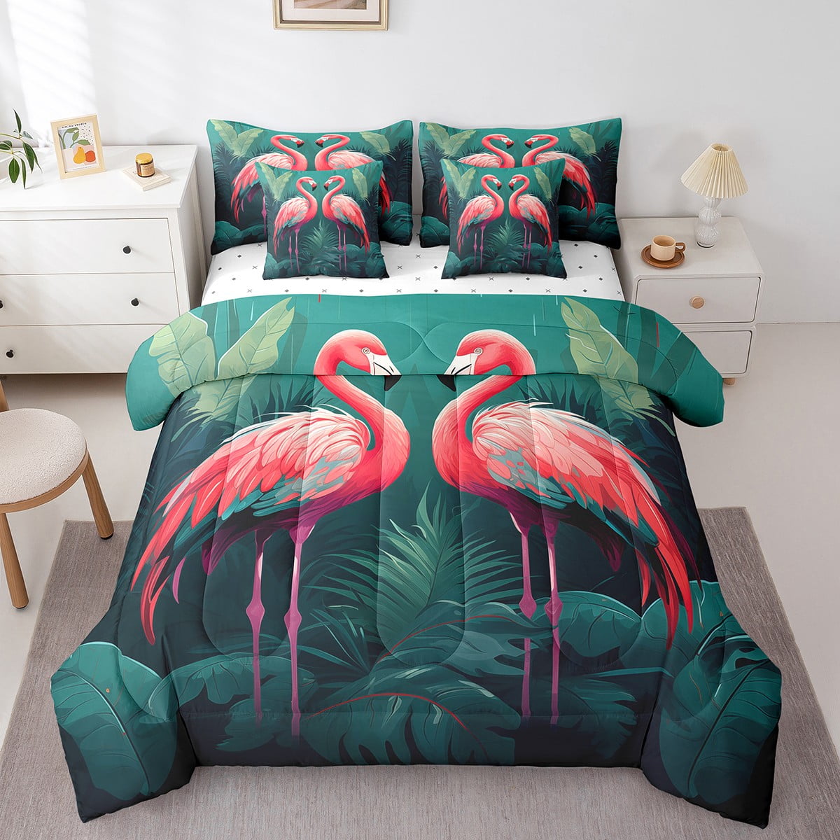 3D Flamingo King Comforter Set 7-Piece Kawaii Red Birds Bedding Sets,Wild Animal Bed In A Bag ...