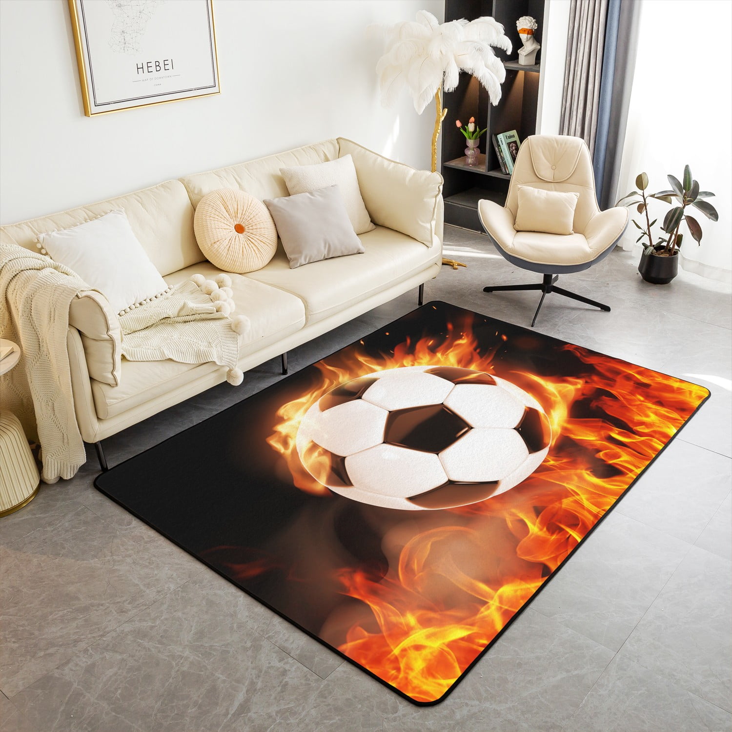 Erosebridal 3D Football Print Area Rug,Burning Fire Soccer Sports Rug ...