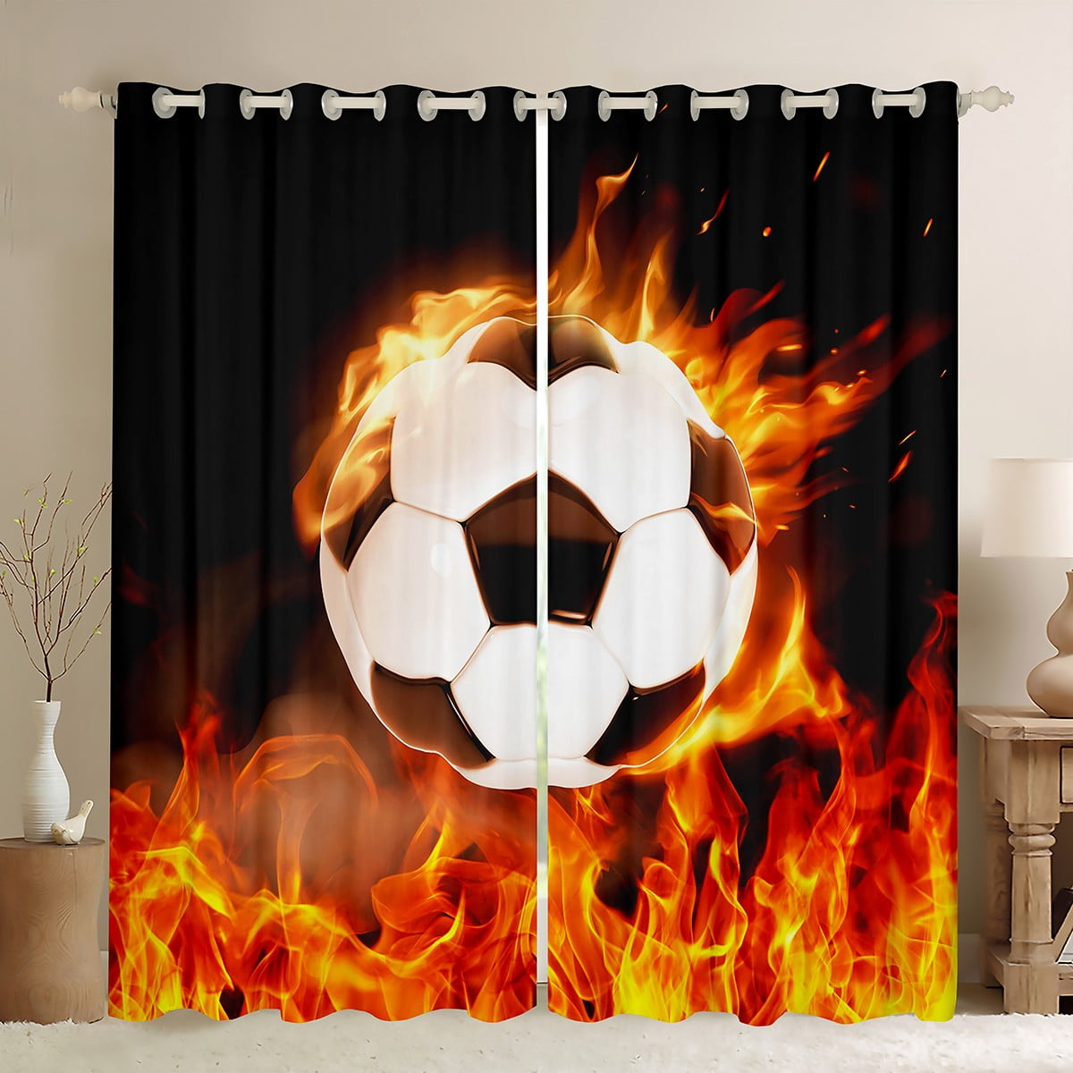 YST 3D Football Print Curtains,Burning Fire Soccer Sports Blackout ...