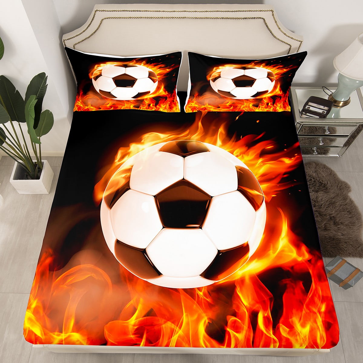 Erosebridal 3D Football Print Fitted Sheet,Burning Fire Soccer Sports ...