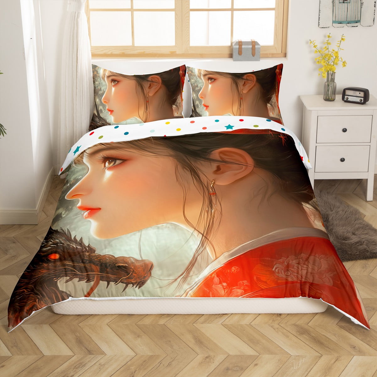 YST 3D Geisha Bedding King Size Japanese Girl Duvet Cover, Magic Dragon Comforter Cover Oriental ...