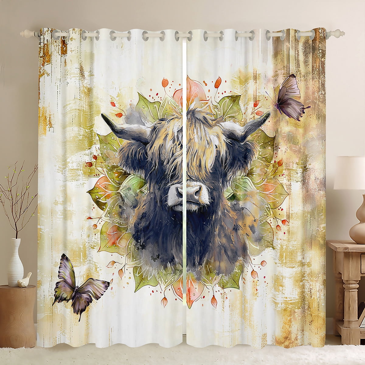 YST 3D Highland Cow Curtains & Drapes for Boys Girls Farmhouse Animal ...