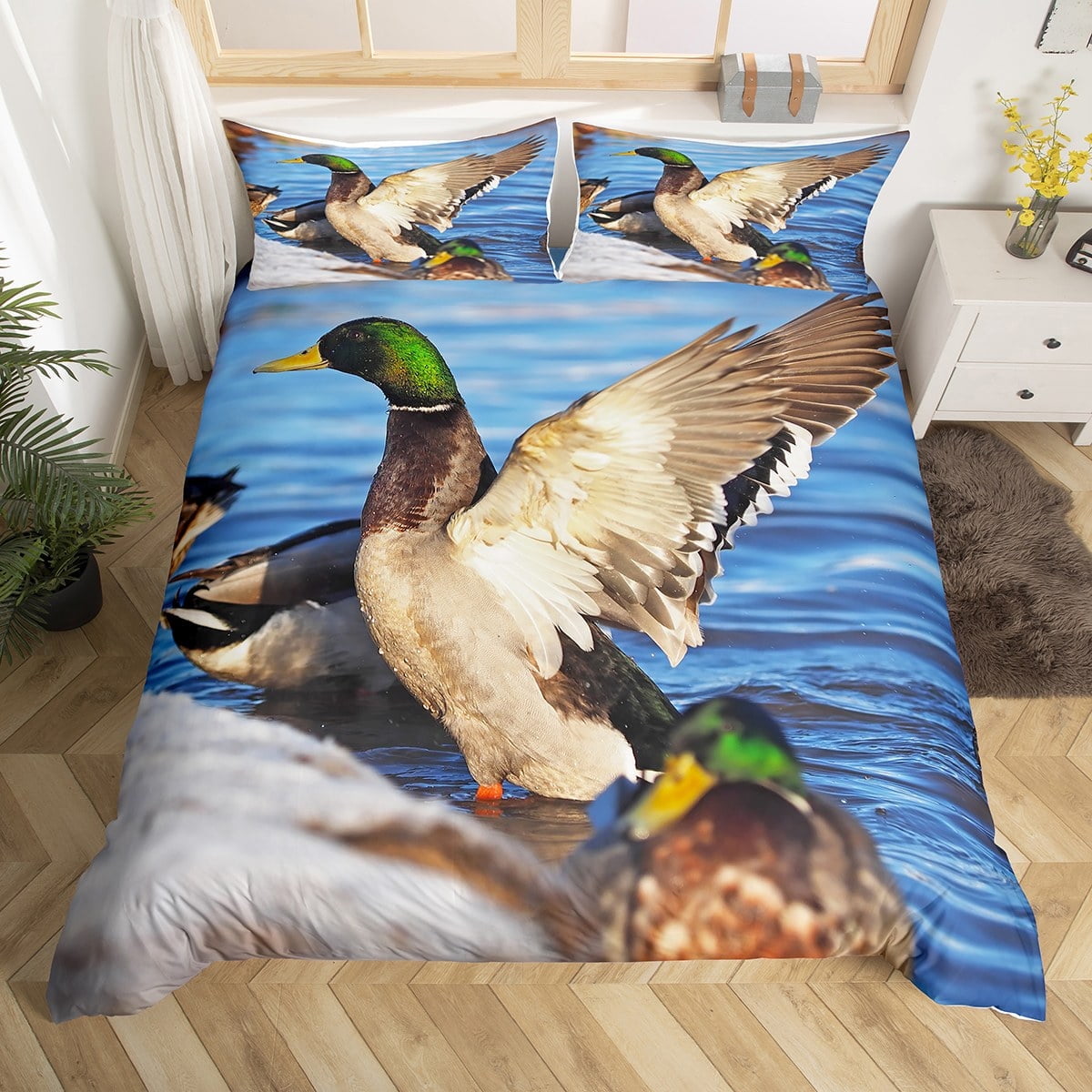 YST 3D Mallard Duck Bed Set Duck Hunting Duvet Cover, Farm Animal Bedding Set Queen River Lake ...