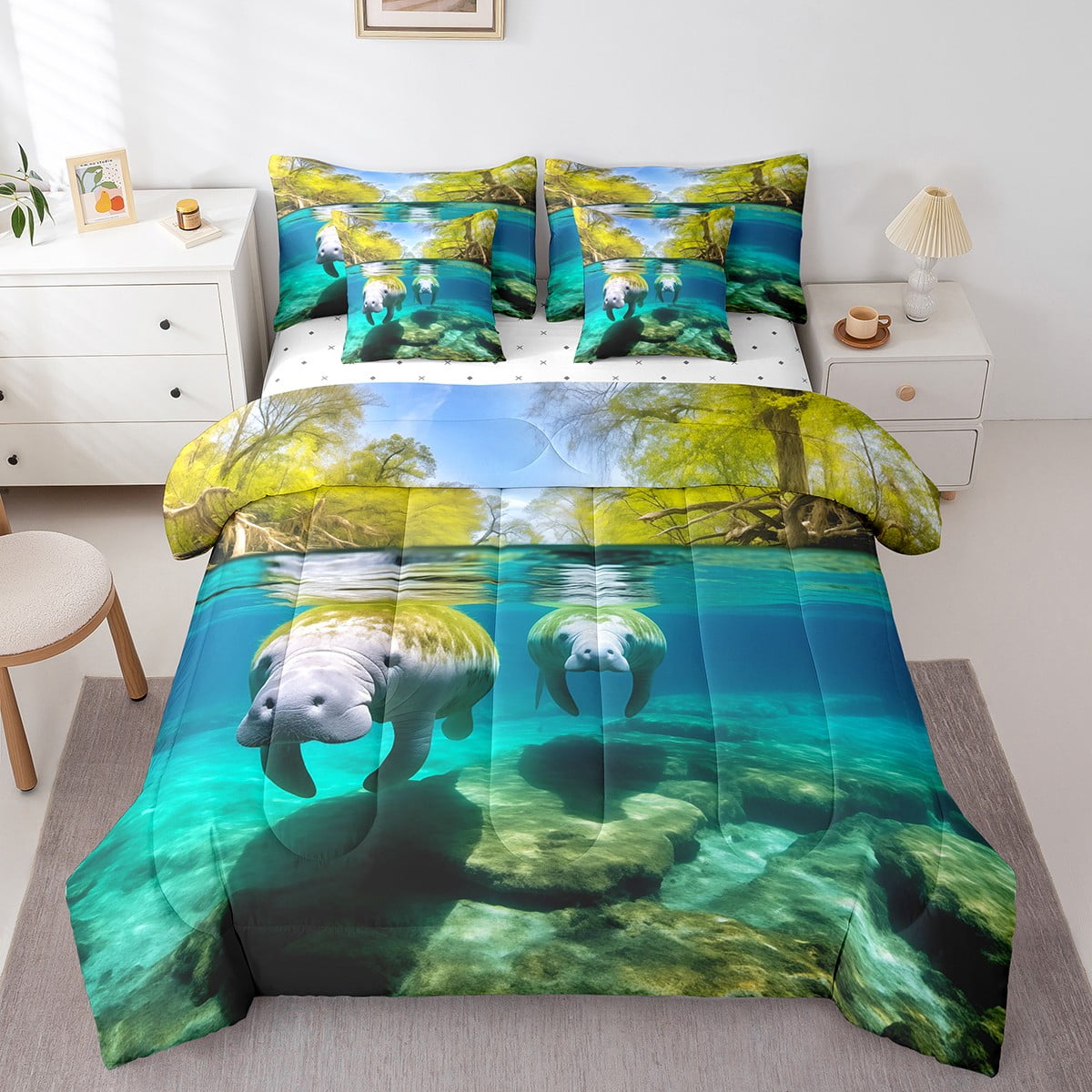 YST 3D Manatee Kids Comforter Set Twin 7 Piece Coastal Underwater ...