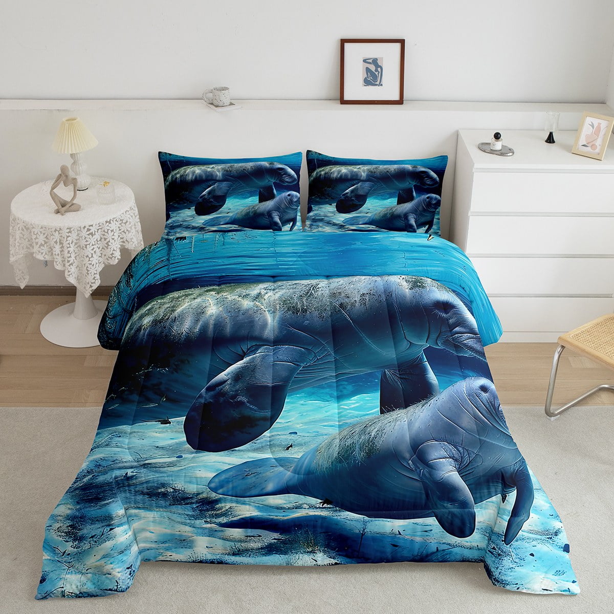 YST 3D Manatee Queen Comforter Set,Manatee Lovers Bedding Set for Kids Teens Adult,Underwater ...