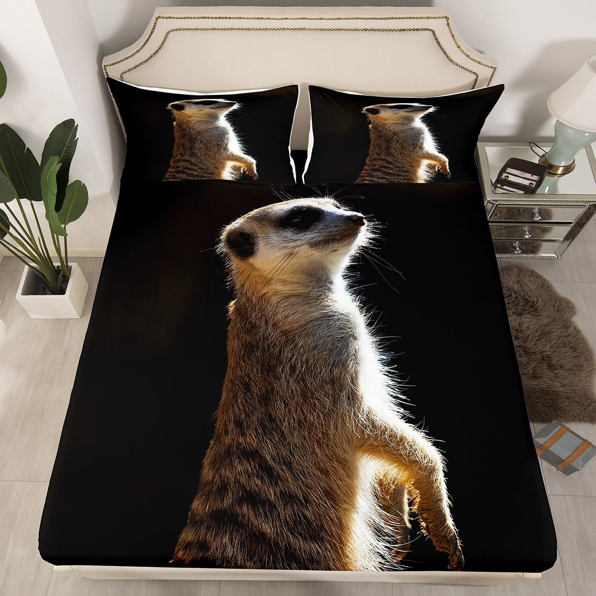 Erosebridal 3D Meerkat Bed Sheets Black Brown Fitted Sheet Queen Size ...