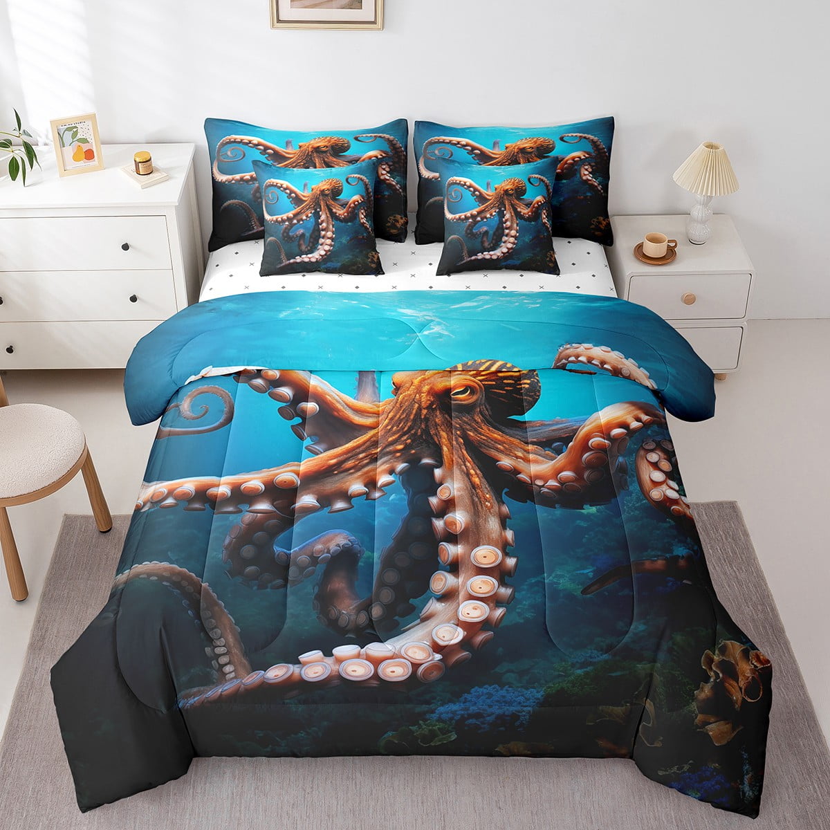 3D Octopus Full Comforter Set 7 Pieces Sea Animal Bedding Comforter ...