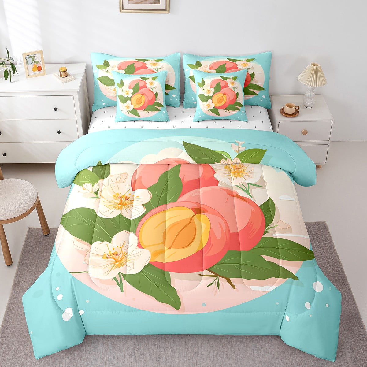 3D Peach Queen Comforter Set 7-Piece White Flower Bedding Sets Chic ...