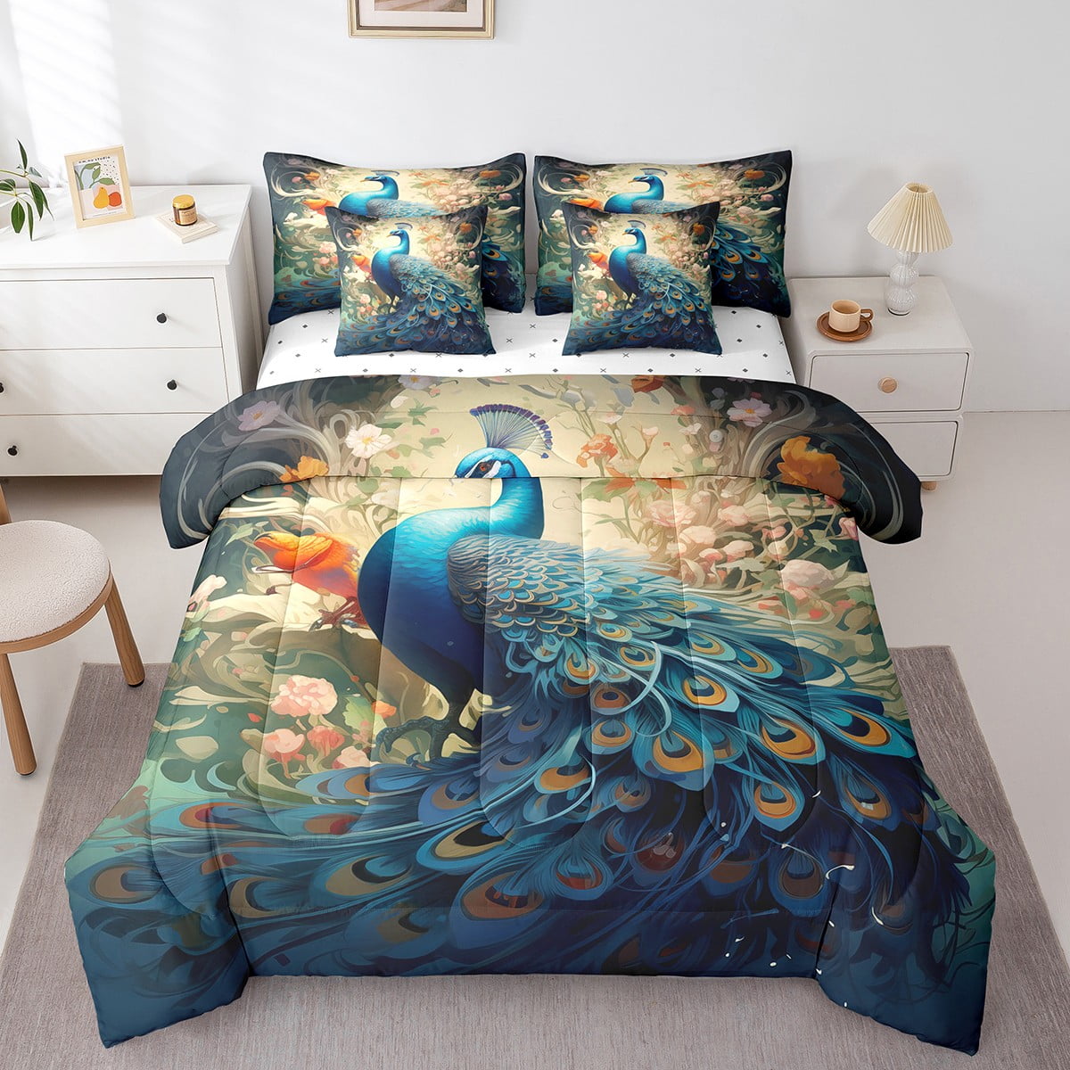 YST 3D Peacock Queen Size Comforter Set 7pcs Gorgeous Bird Bedding ...