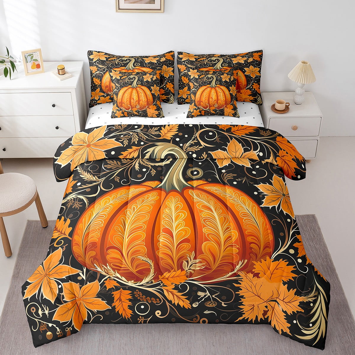 Erosebridal 3D Pumpkin King Comforter Set 7-Piece Fall Pumpkin Leaf ...