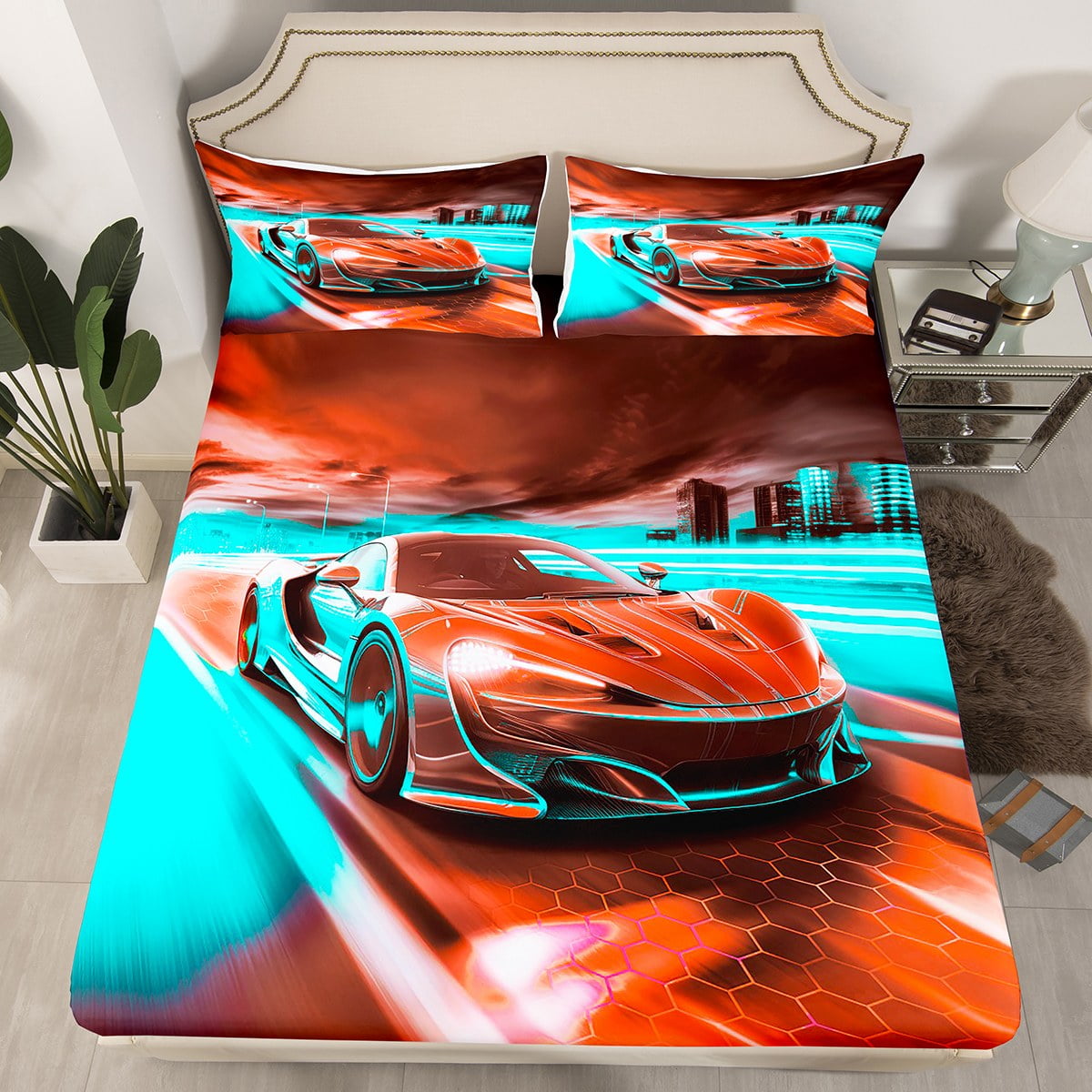 3D Race Car Fitted Sheet Sports Competition Speed Game Bed Sheets Teens ...