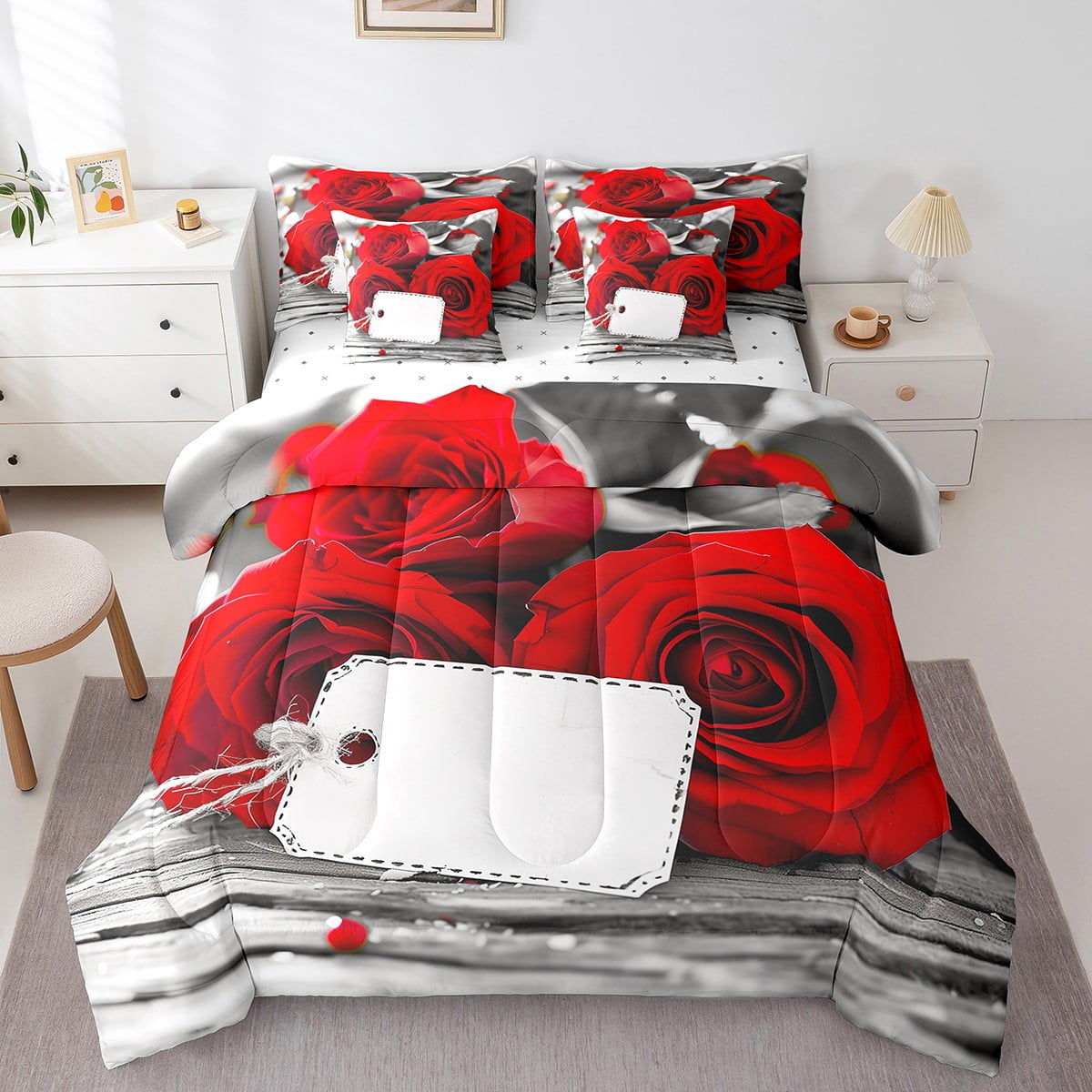 3D Red Rose 7 Pcs Comforter Set Women King,White Red Grey Bed in a Bag ...