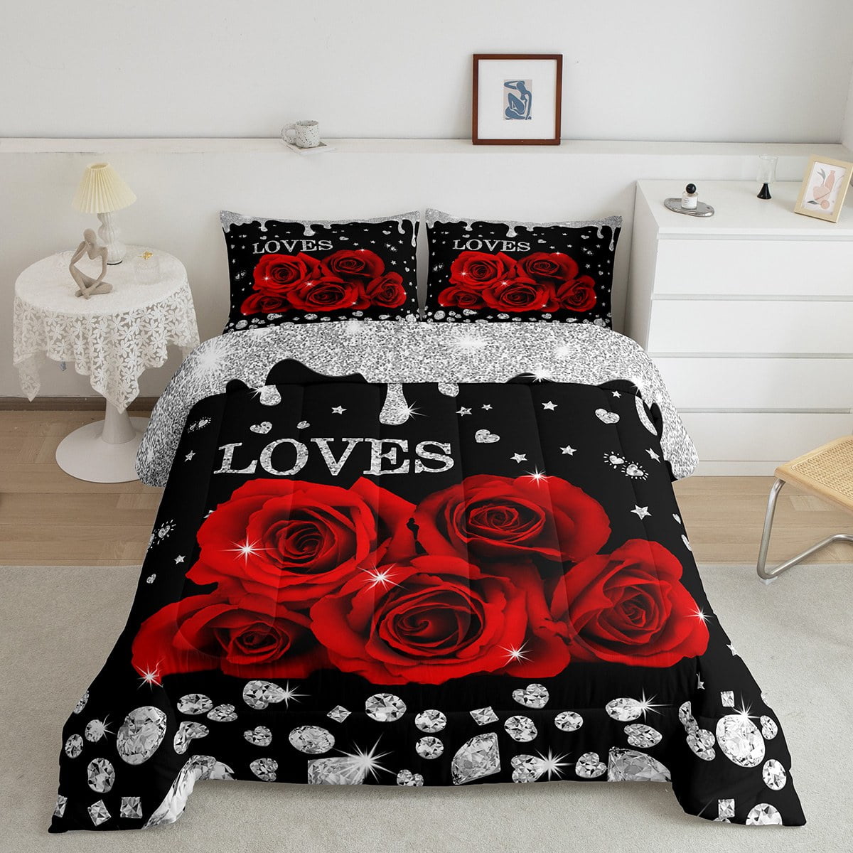 3D Red Rose Comforter Set Red And Black Down Comforter Full Rose Flower ...