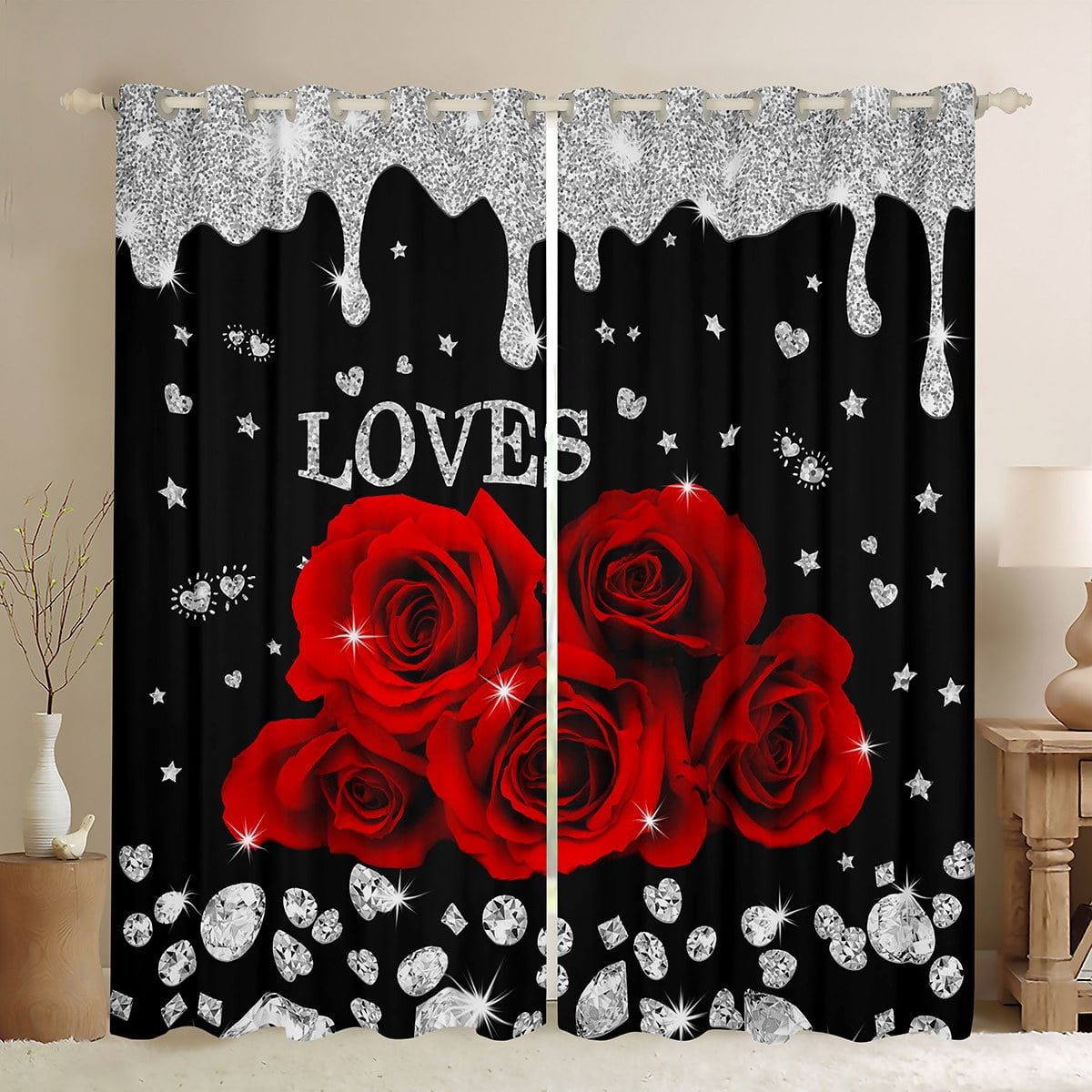 3D Red Rose Window Curtains Red And Black 30%-50% Blackout Curtains 42 ...